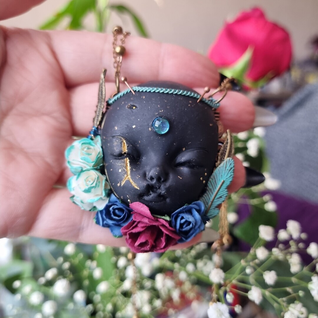 Kintsugi Third Eye Face Pendant Necklace, Polymer Clay Goddess Amulet ...