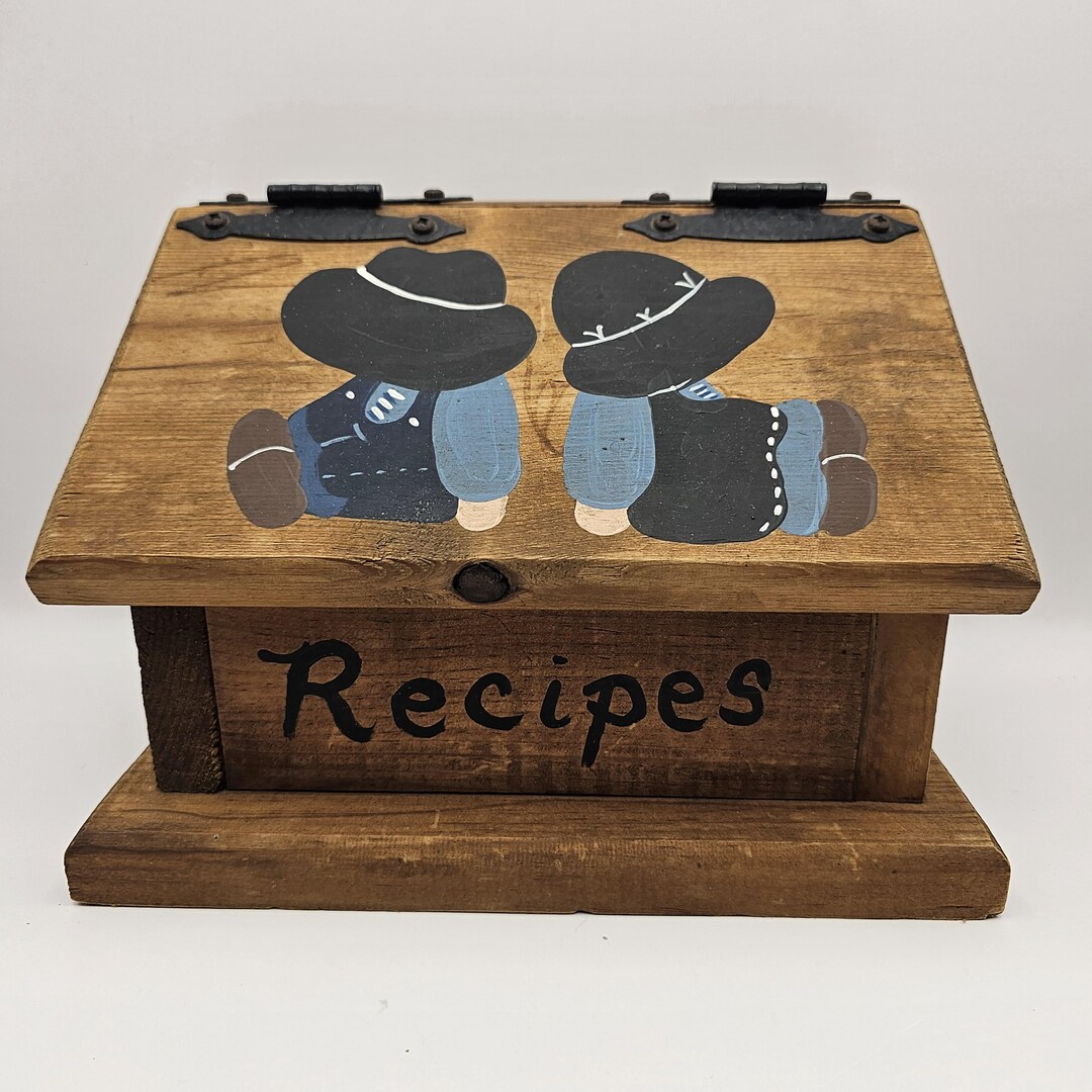 Vtg Hand Painted Wooden Country Amish Recipe Box With Black Hinged Lid ...