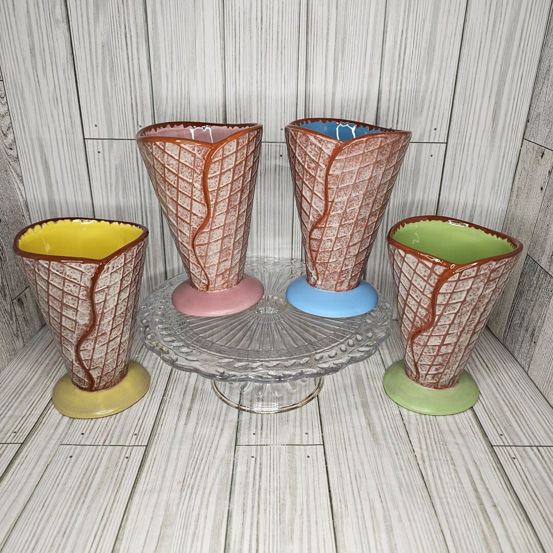 4 Vintage Hallmark Ceramic Ice Cream Waffle Cone Sundae Cup 6 ...