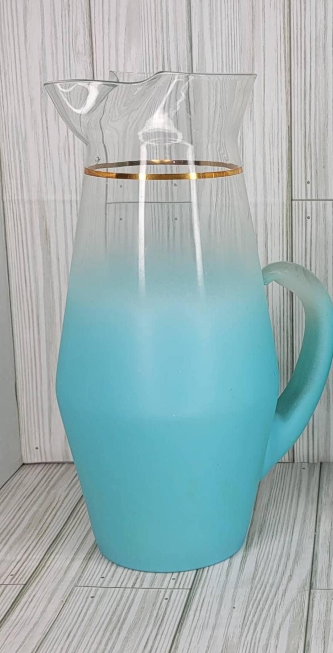 Vintage Blendo Turquoise Frosted Glass 115 Pitcher Gold Rim West Virginia Etsy