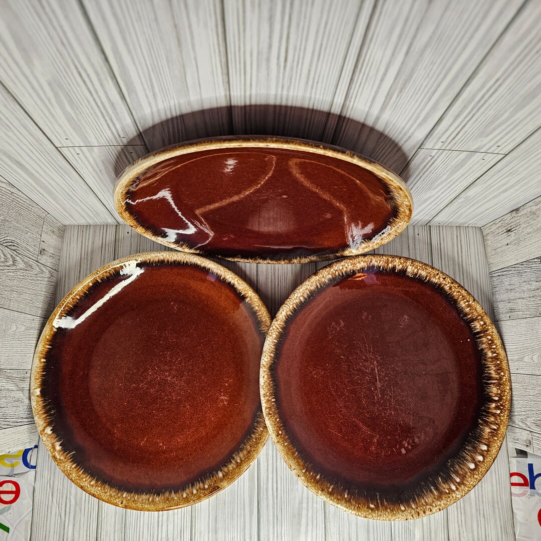 3 Vintage Hull Pottery Dinner Plates Brown Drip - Etsy