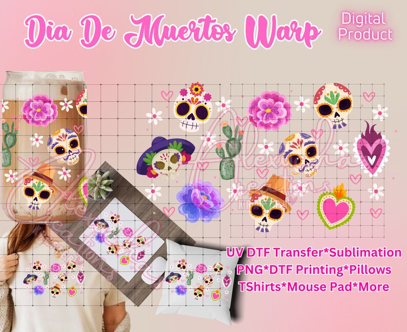 Dia De Muertos PNG File, UV DTF Warp, Day of the Dead, Skulls, Mexican, Latino, 16oz Glass Can ...