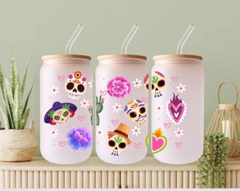 Dia De Muertos PNG File, UV DTF Warp, Day of the Dead, Skulls, Mexican, Latino, 16oz Glass Can ...