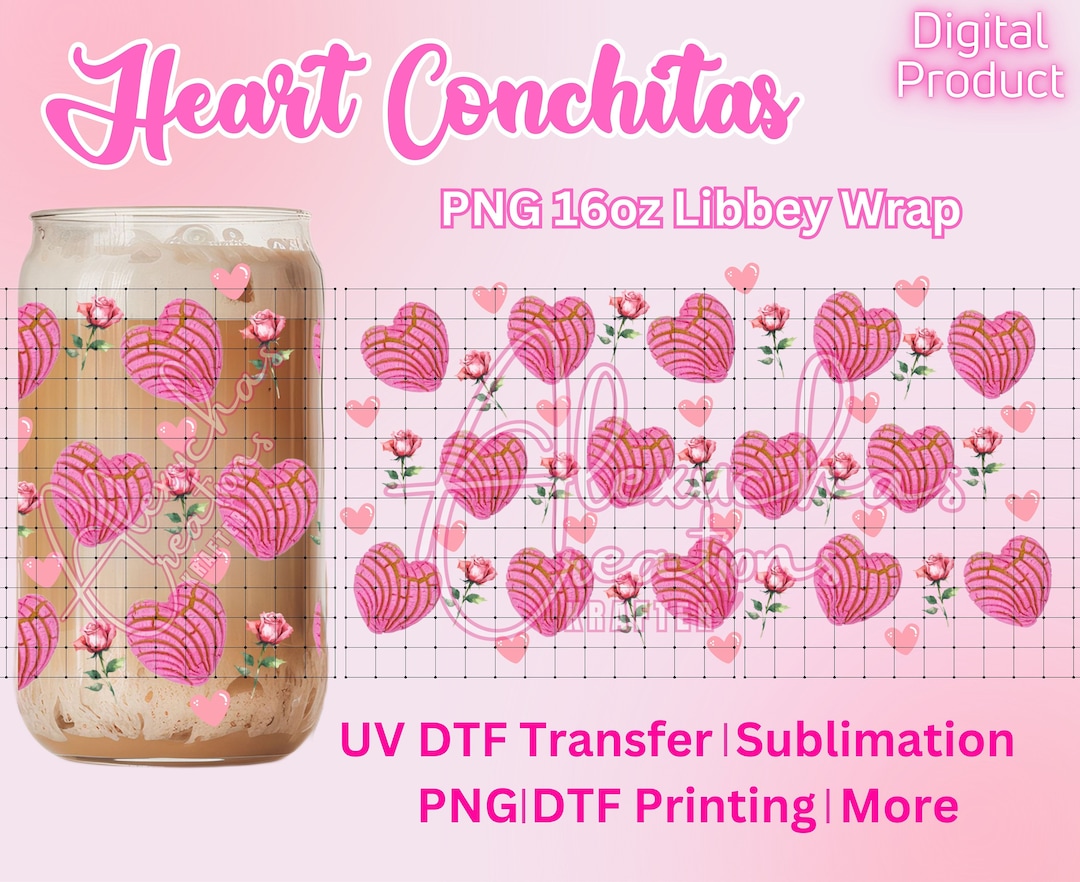 Pink Roses+pink Conchitas Hearts Wrap PNG, 16 Oz Cup Wrap, UVDTF Wrap, Pink Heart Conchitas ...
