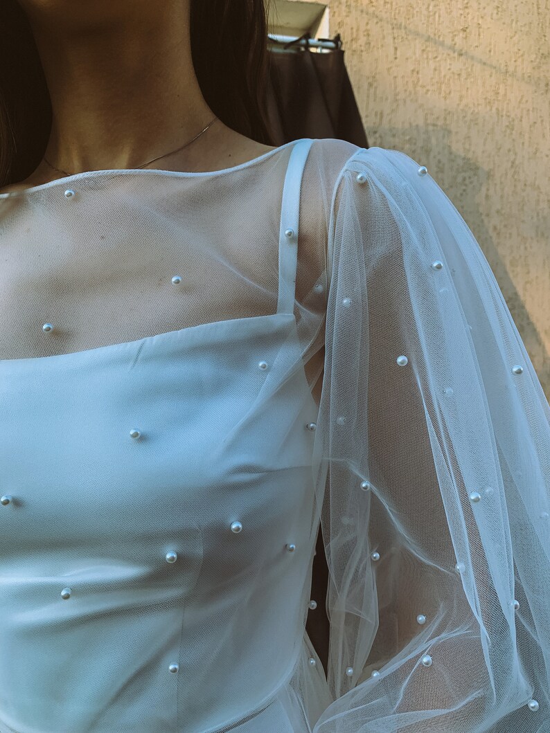 Pearl Wedding Overdress With Long Sleeves , Tulle Overlay Bridal Robe ...