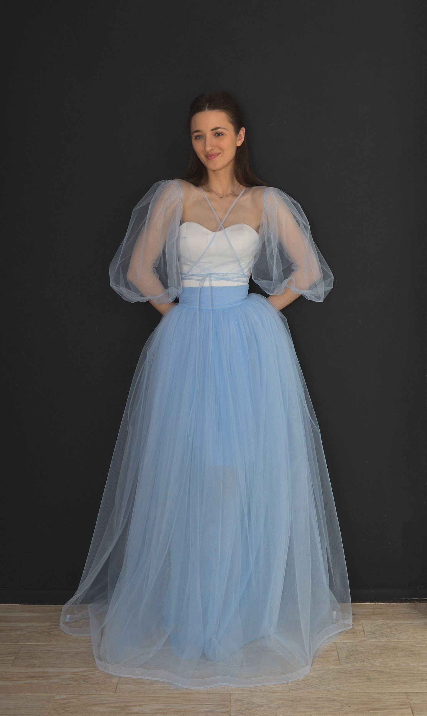 Elegant Blue Prom Dress Wedding Ensemble Featuring Puff Sleeve Cape and Tulle Skirt Maxi Perfect ...