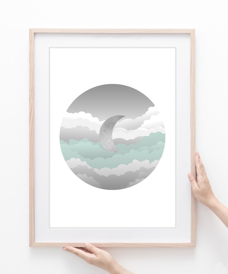 Mid Century Modern Art Silver Moon Print Turquoise Wall Art - Etsy