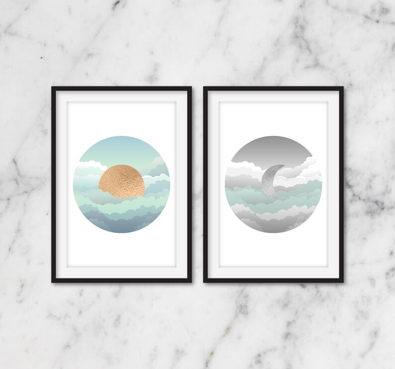 Mid Century Modern Art Silver Moon Print Turquoise Wall Art | Etsy