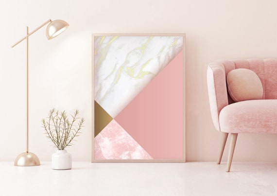 Geometric Pink Gold Marble Triangles with Gold Streaks Wall | Etsy