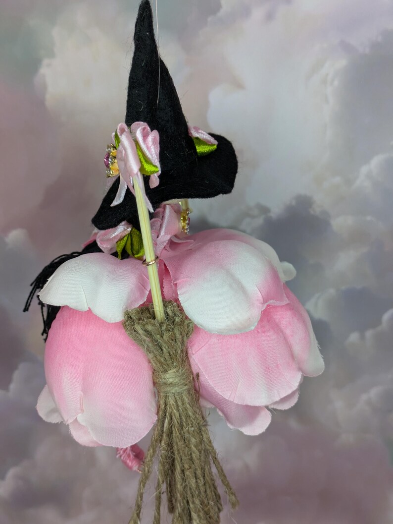 Handmade Fae Witch Doll, Pink Petal Dress, Black Hat, Floral Wand ...