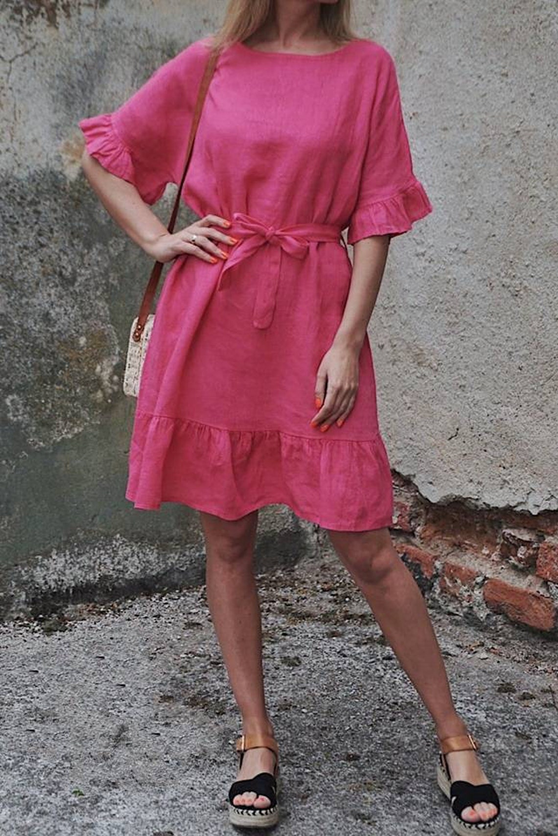 Mint green dress Kimono linen dress with ruffles Romantic | Etsy