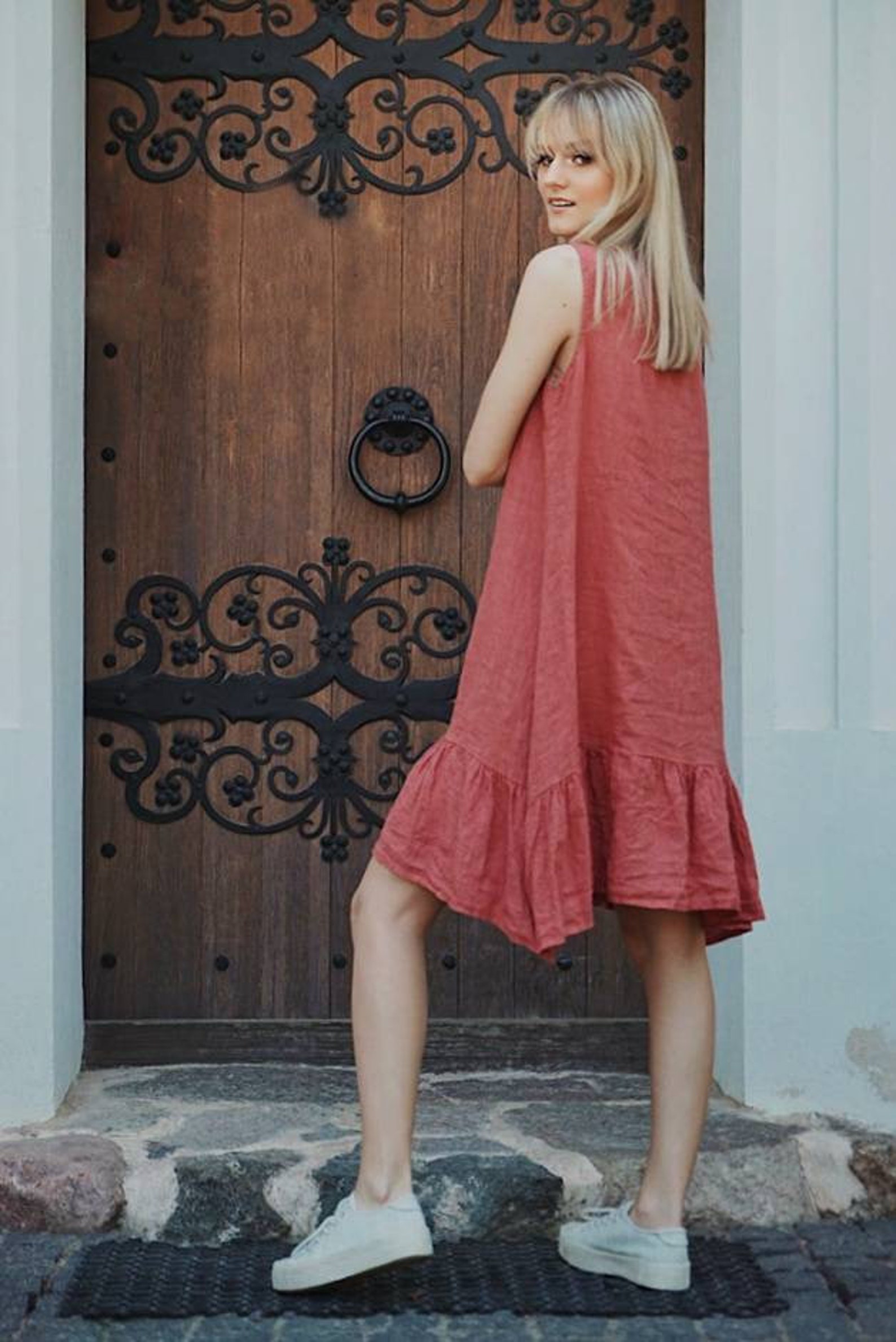 Linen Ruffle Dress, Pink Linen Dress, Party Linen Dress, Sleeveless ...