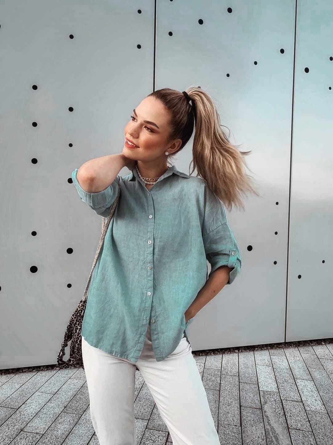 Green linen button up shirt women Summer blouse for women | Etsy