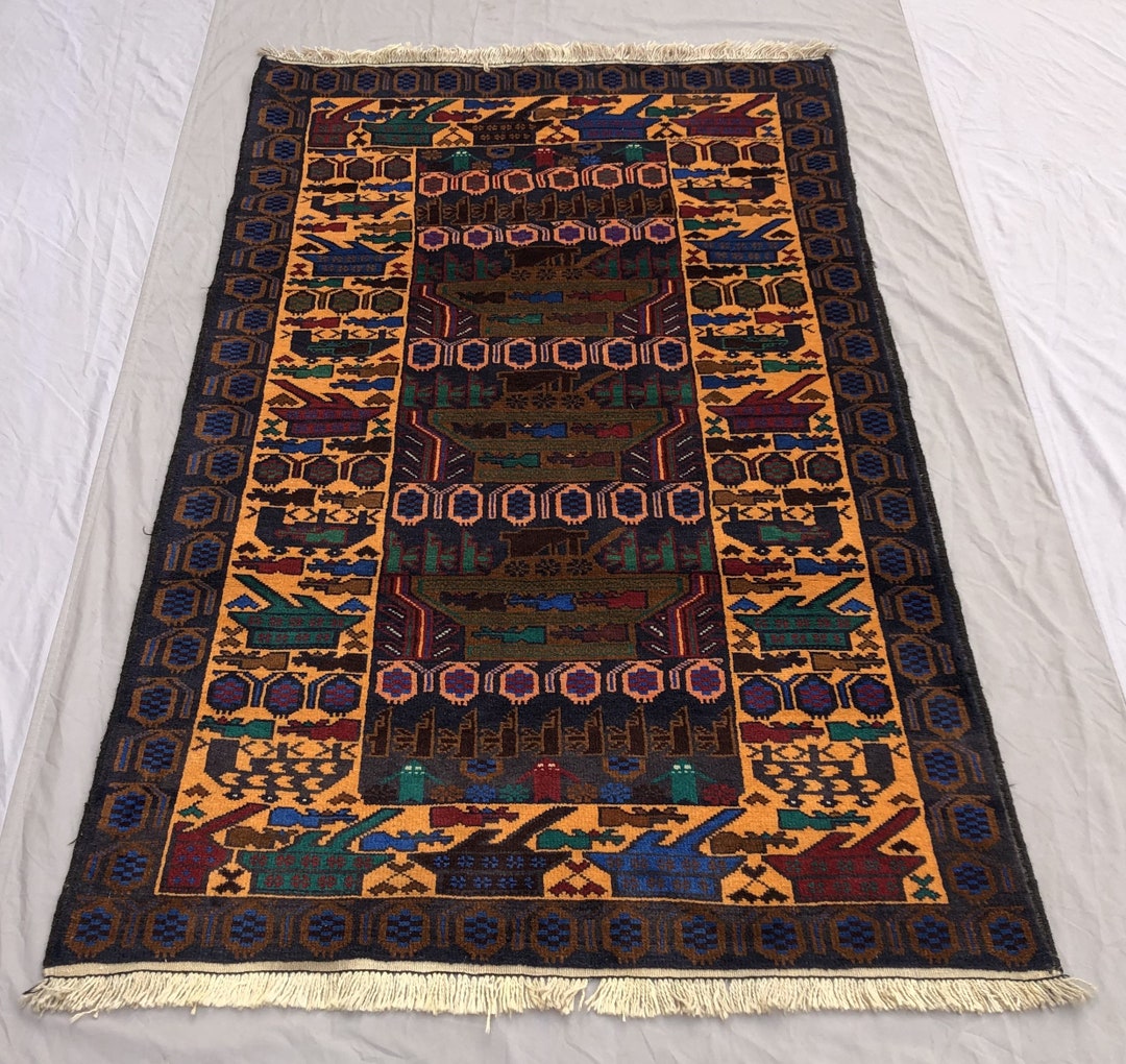 Navy Blue and Golden Pictorial Baluchi Top Tank Rug , 3.9x6 Ft Area Rug ...