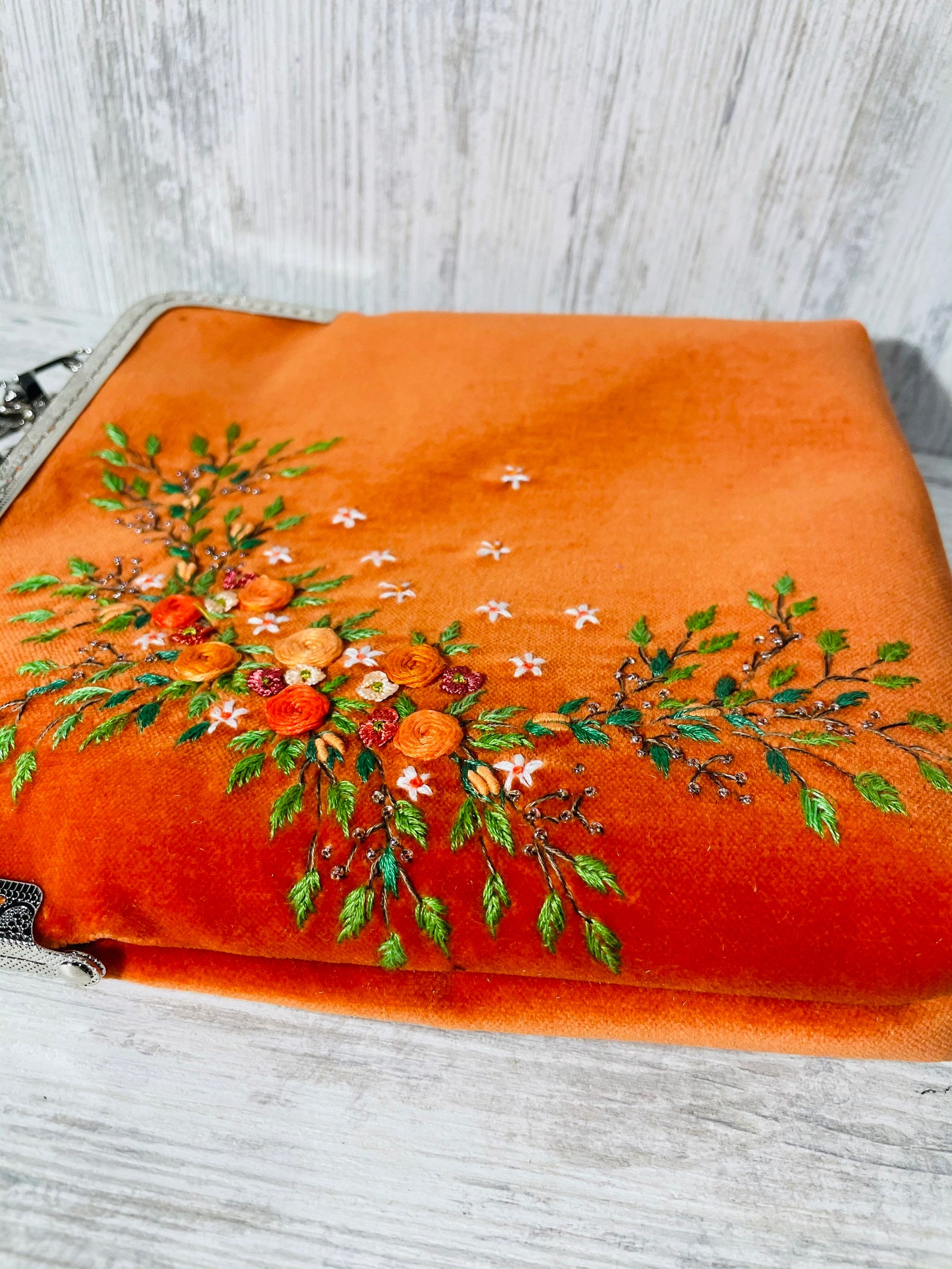 Terracotta Velvet Bag With Flower Embroidery Handmade Vintage - Etsy