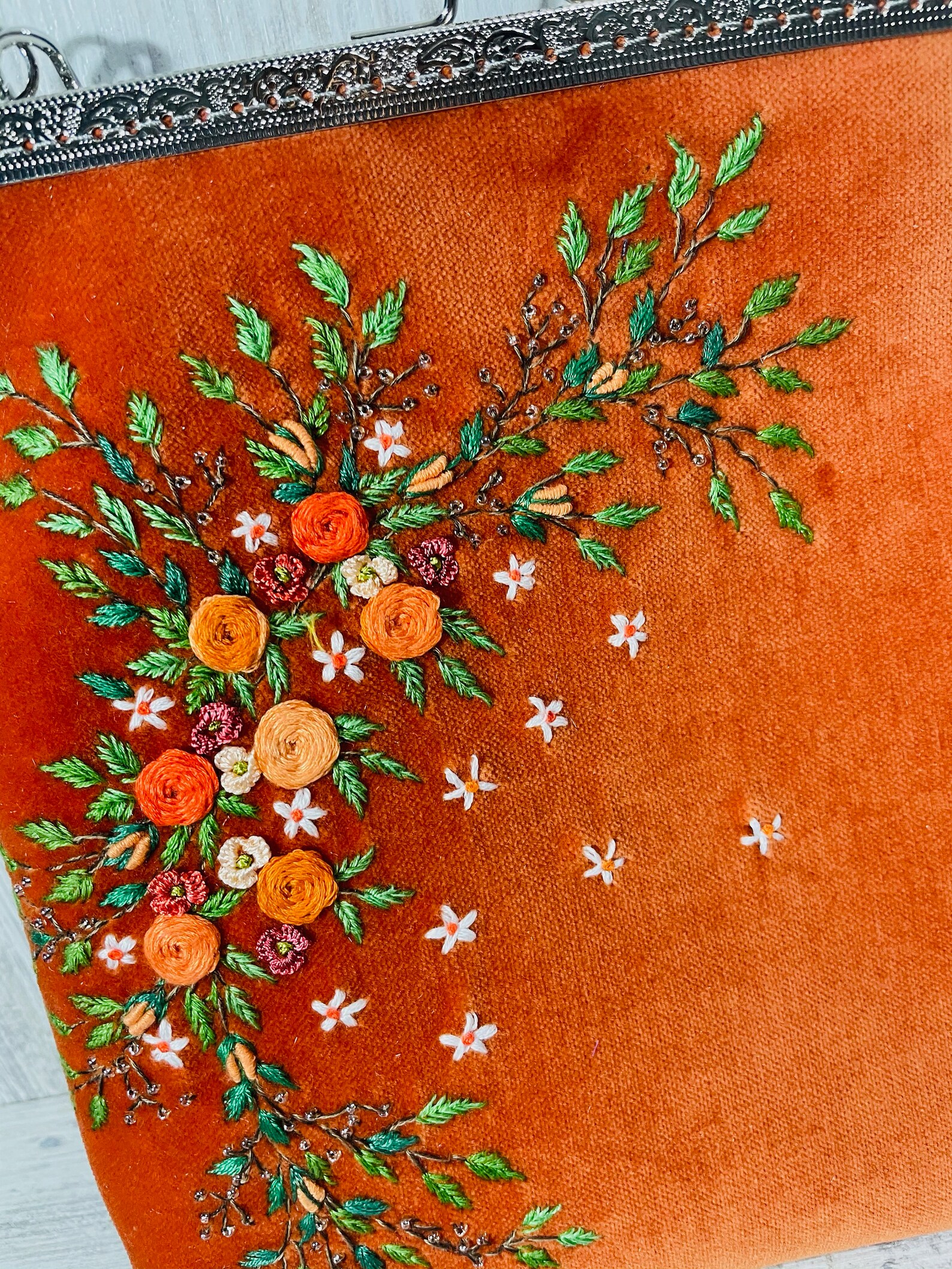 Terracotta Velvet Bag With Flower Embroidery Handmade Vintage - Etsy