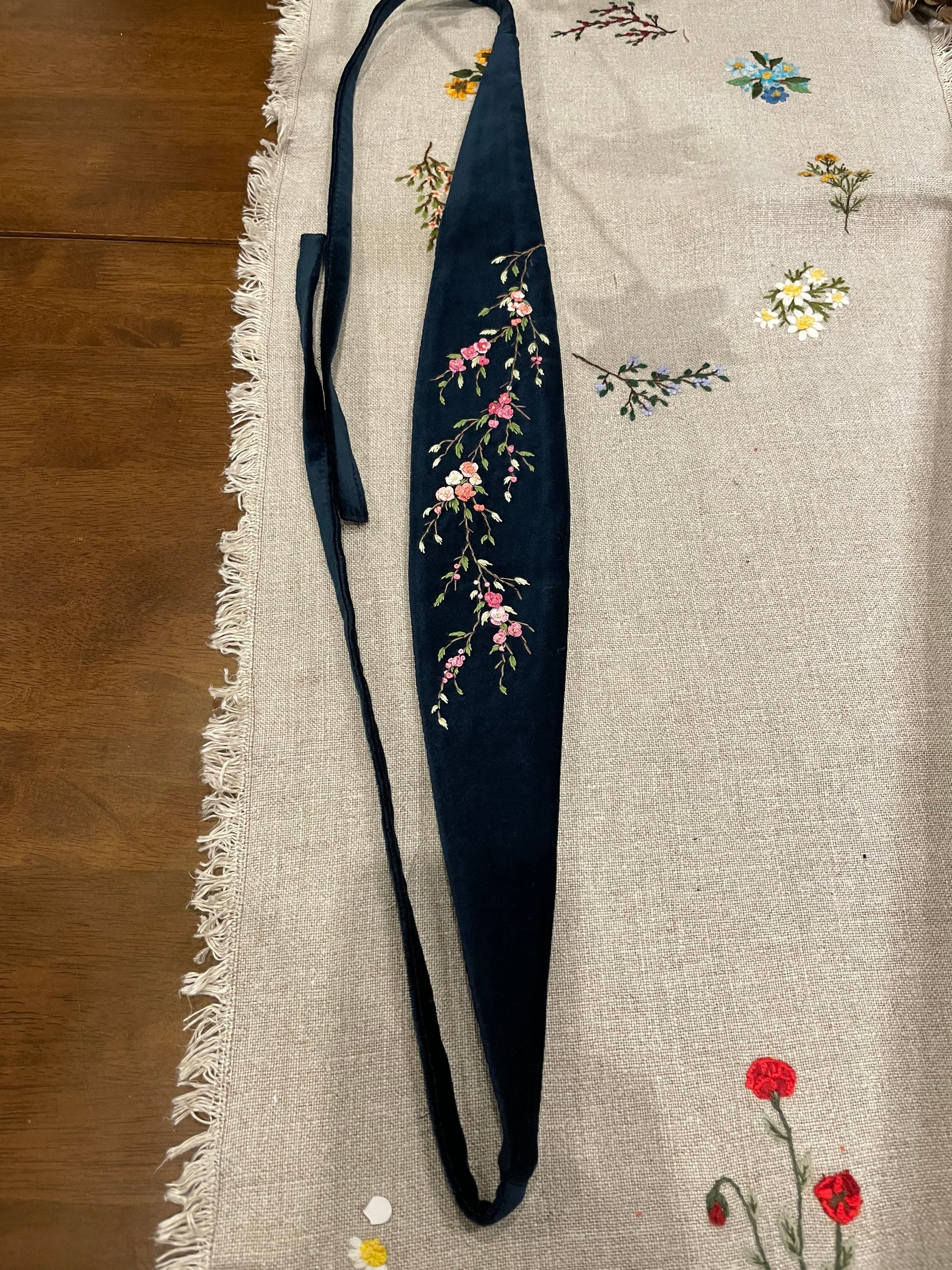 Blue Hand-embroidered Velvet Belt Sakura Flower Embroidery | Etsy