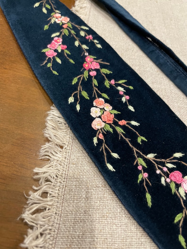Blue Hand-embroidered Velvet Belt Sakura Flower Embroidery | Etsy