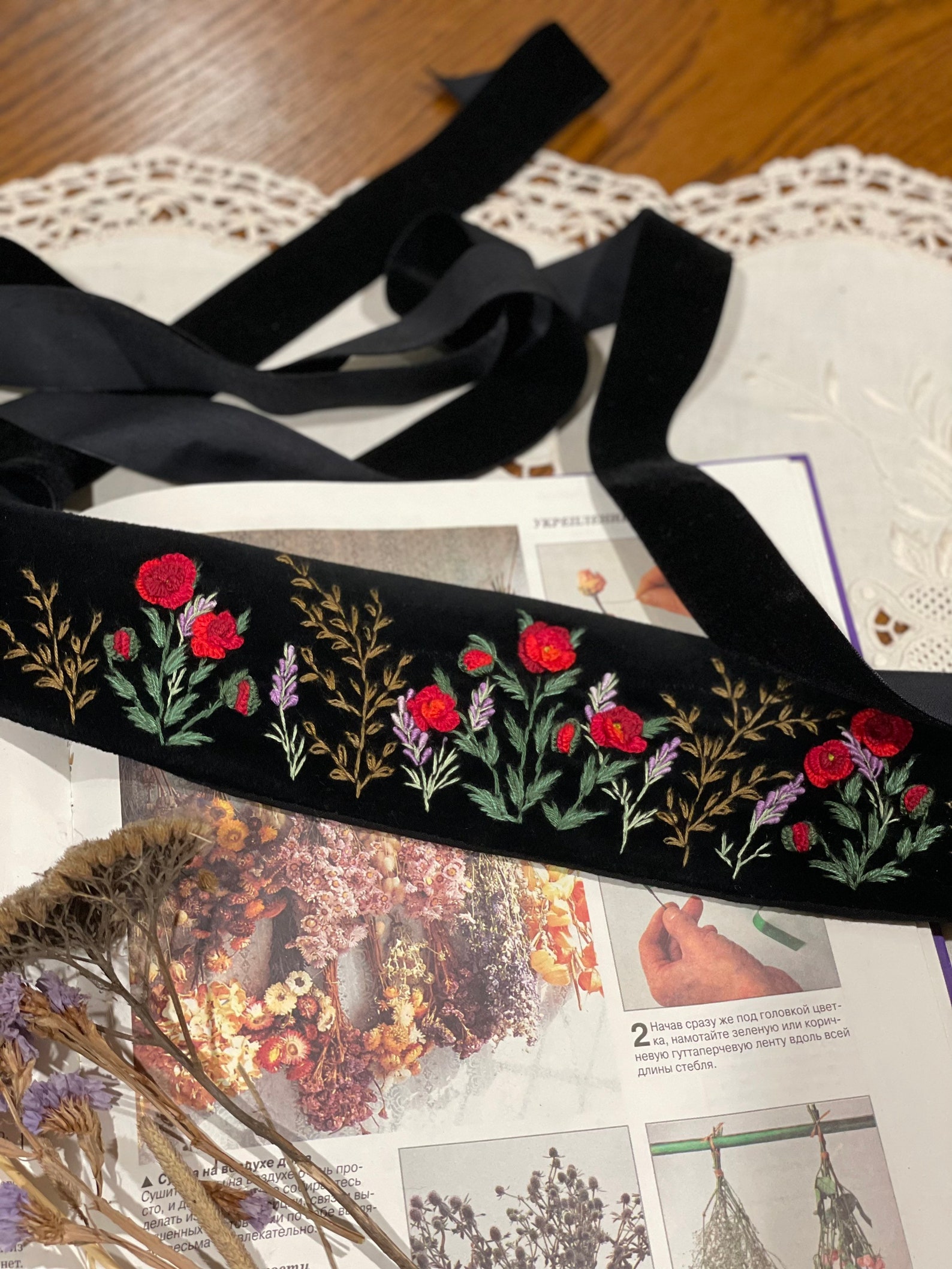 Black Hand-embroidered Velvet Belt, Flower Embroidery, Belt With Poppy ...