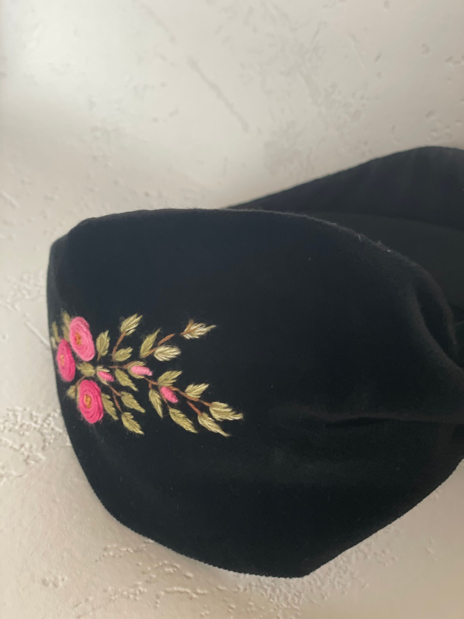 Black Velvet Top Knotted Headband Embroidered With Roses, Top Knot ...