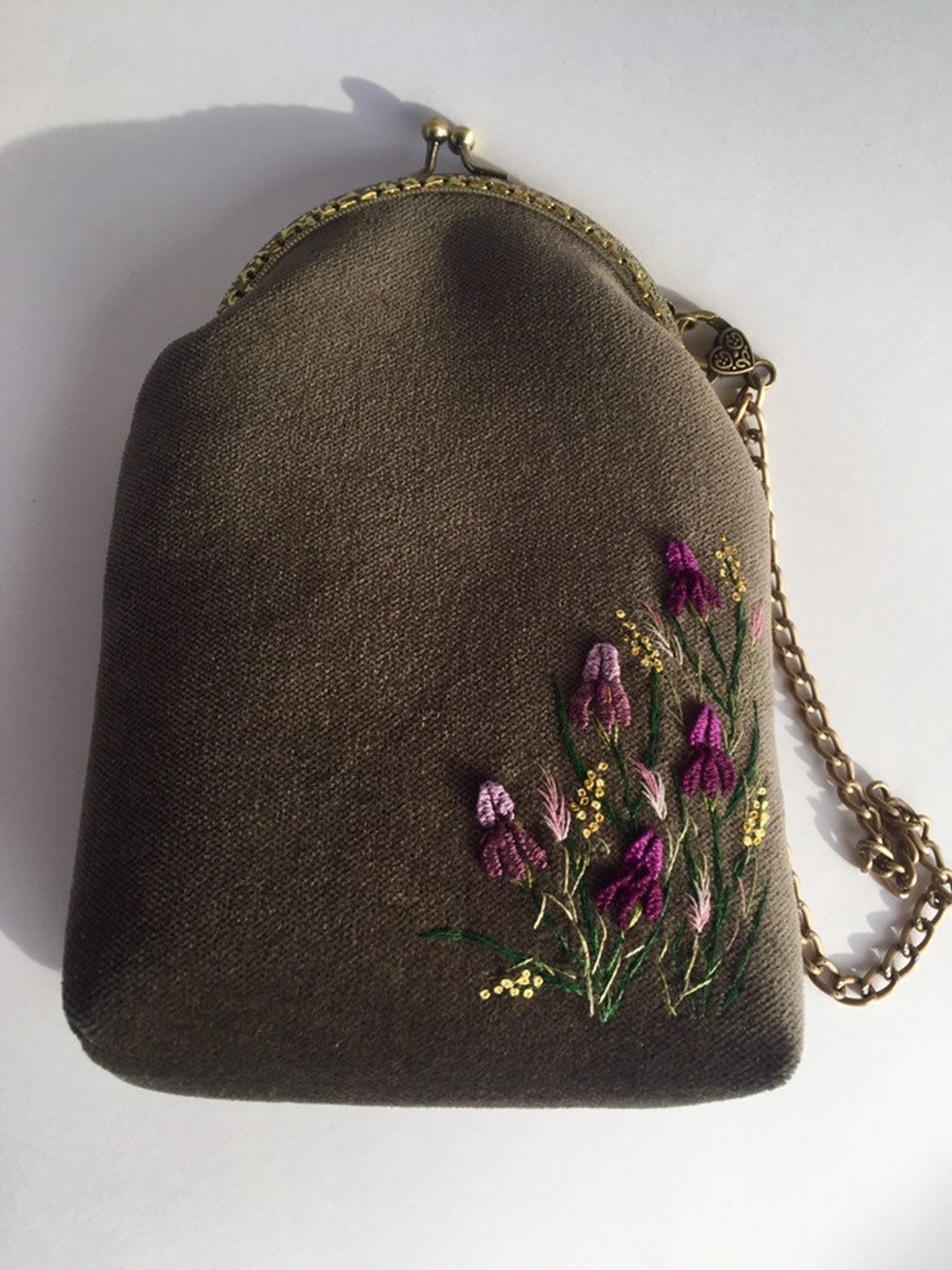Hand Embroidered Purse Unique Bag With Metal Chain Flower | Etsy