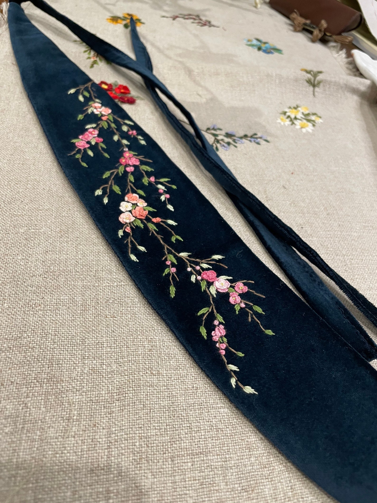Blue Hand-embroidered Velvet Belt, Sakura Flower Embroidery, Belt With ...