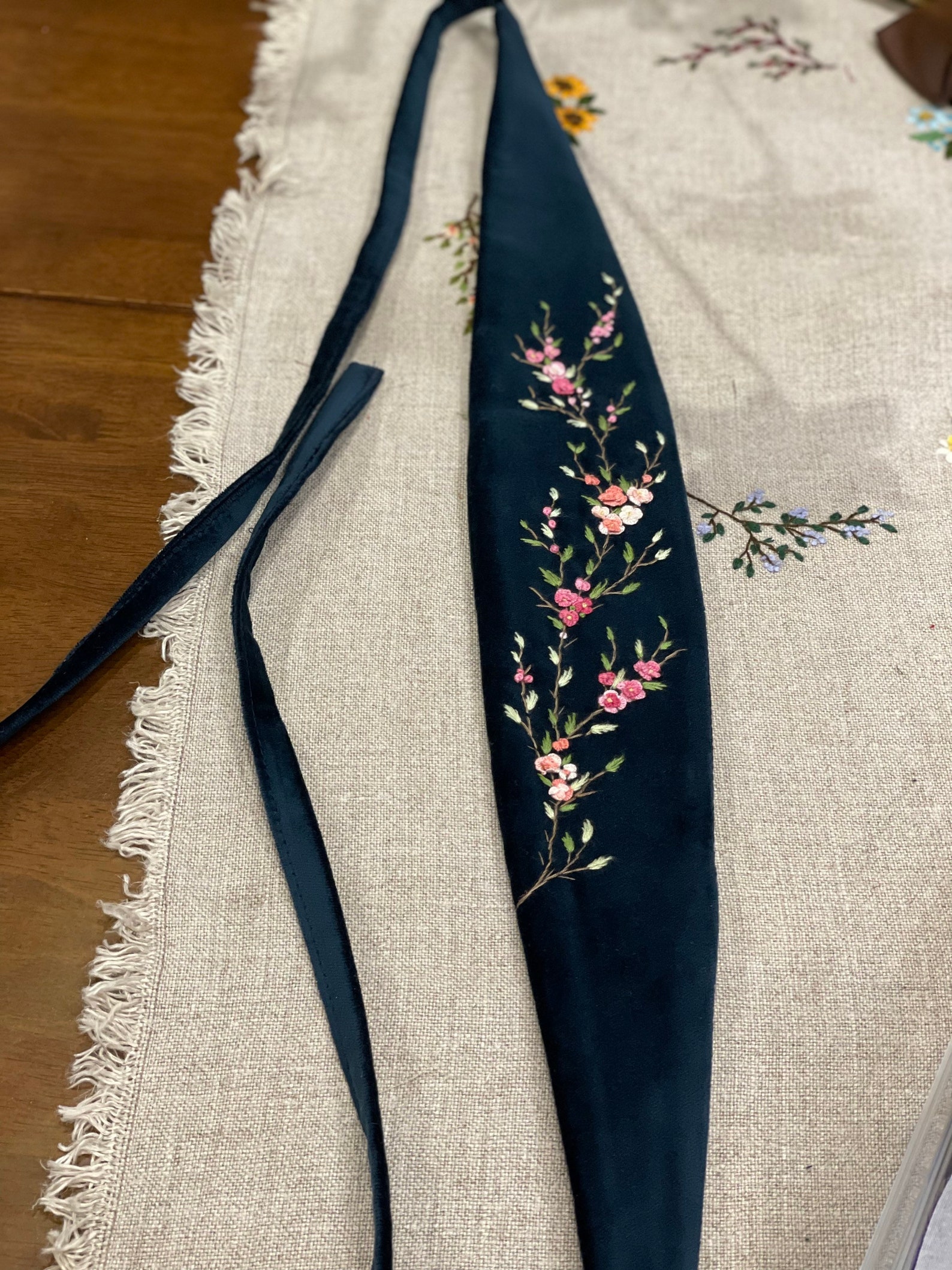 Blue Hand-embroidered Velvet Belt Sakura Flower Embroidery | Etsy