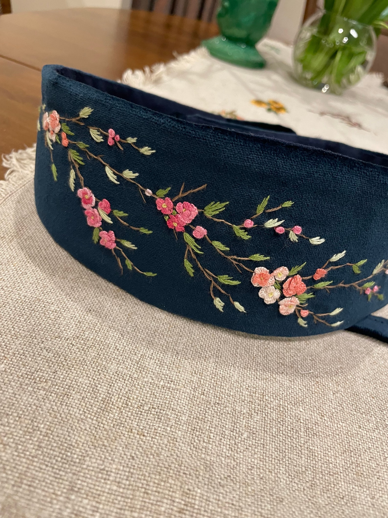 Blue Hand-embroidered Velvet Belt Sakura Flower Embroidery | Etsy