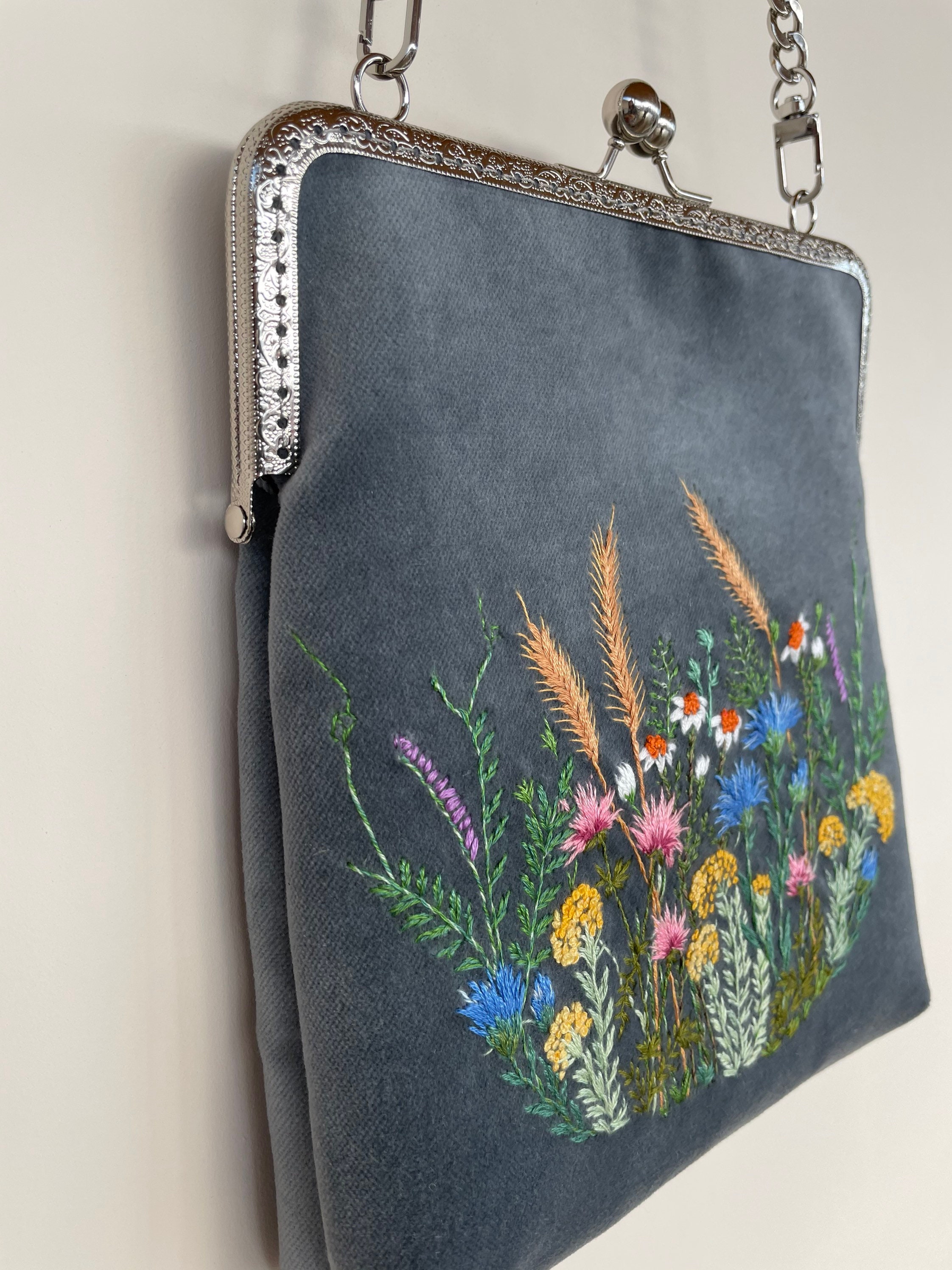 Gray Velvet Bag with wild flowers handmade vintage bag top | Etsy