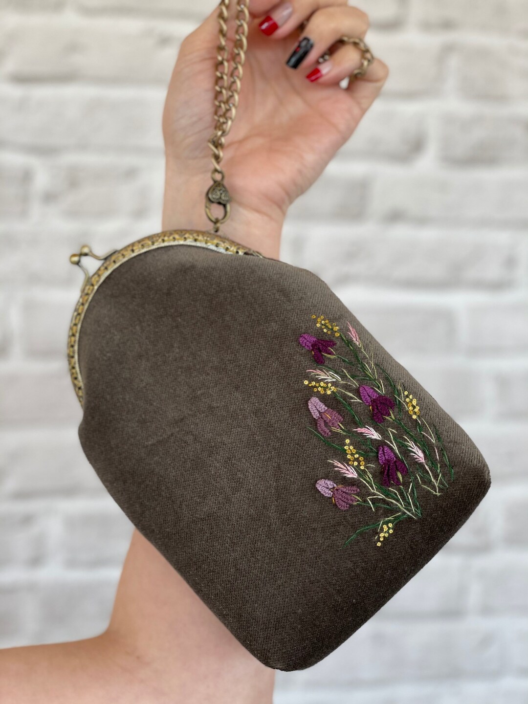 Hand Embroidered Purse, Unique Bag With Metal Chain, Flower Embroidered ...