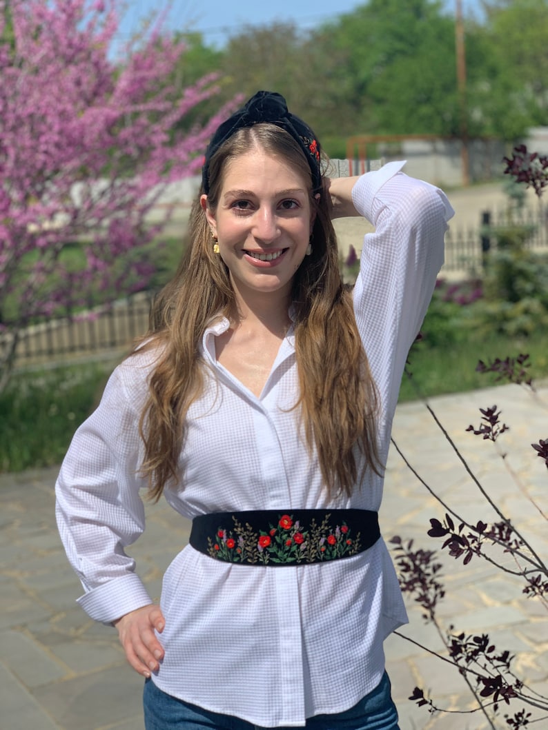 Black Hand-embroidered Velvet Belt Flower Embroidery Belt | Etsy