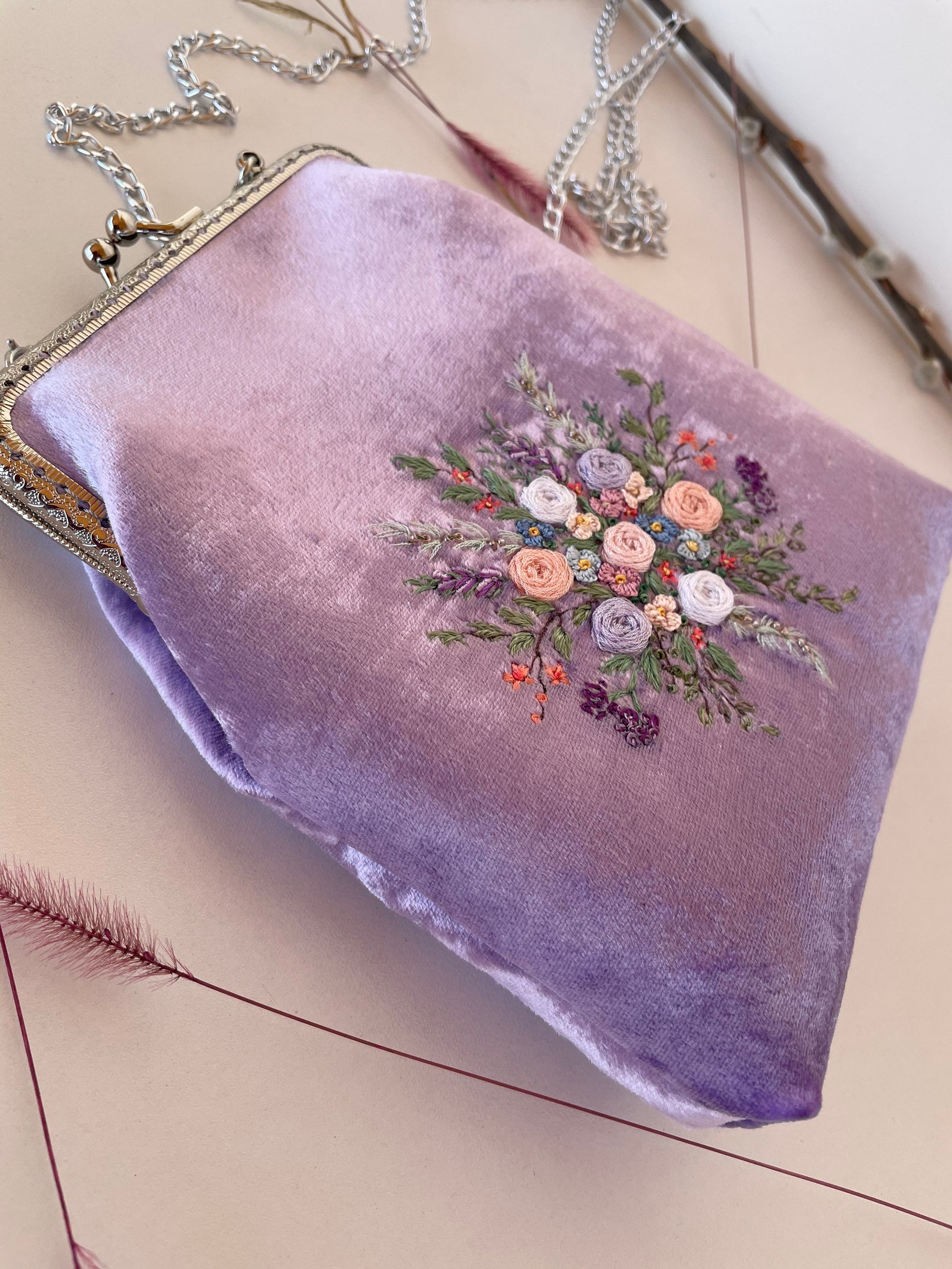 Purple Silk Velvet Bag, Embroidered Flowers and Metal Chain, Vintage ...
