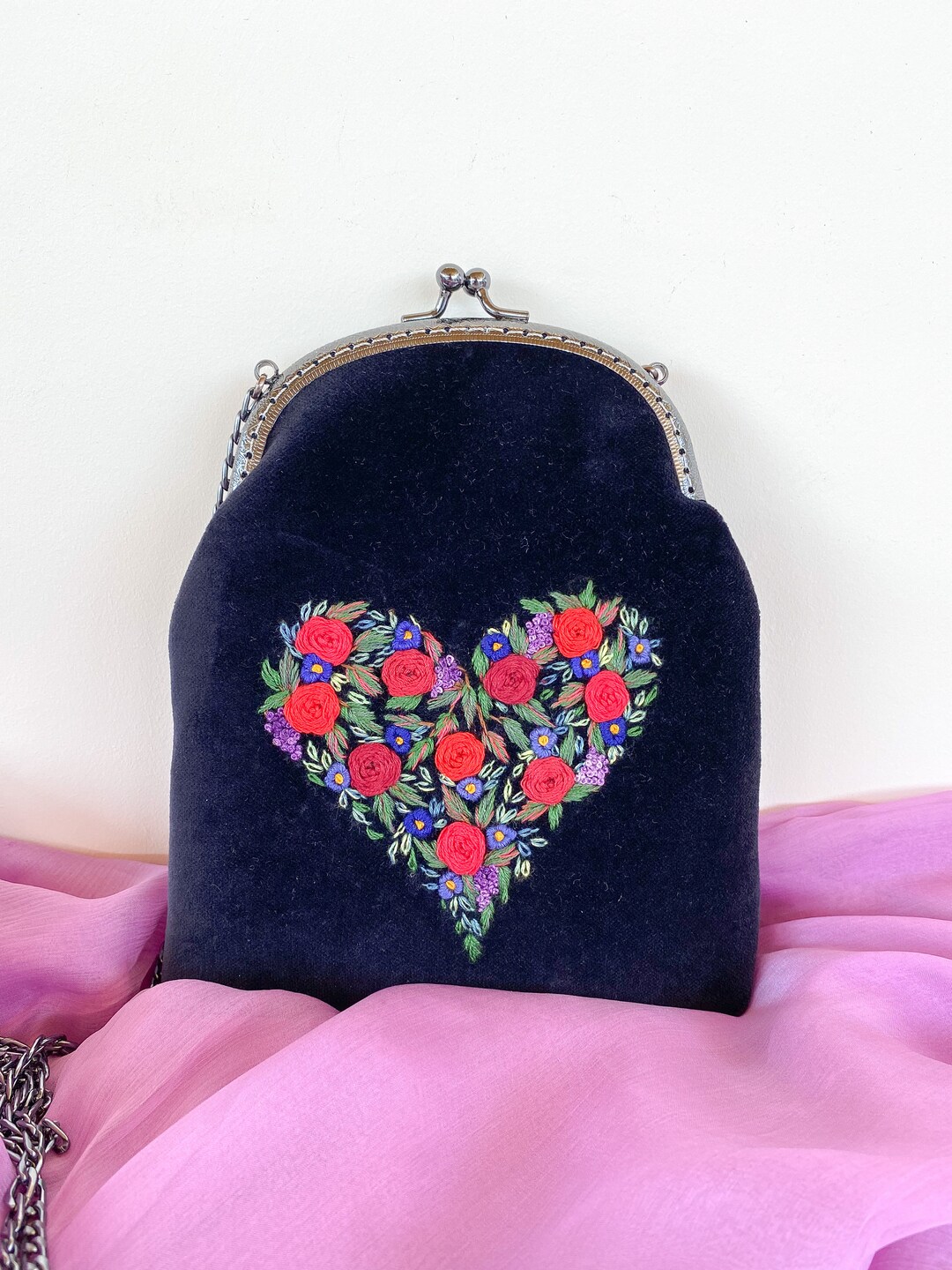 Blue Velvet Bag With Colorful Flowers and Metal Chain, Velvet Evening ...