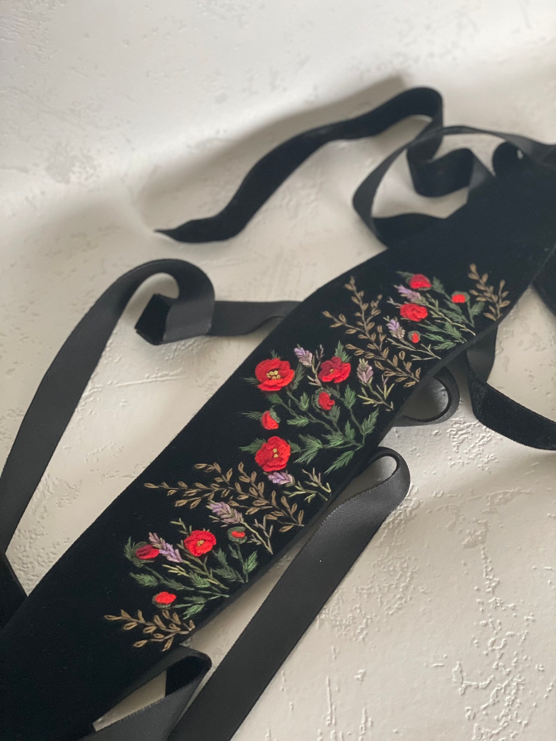 Black Hand-embroidered Velvet Belt, Flower Embroidery, Belt With Poppy ...