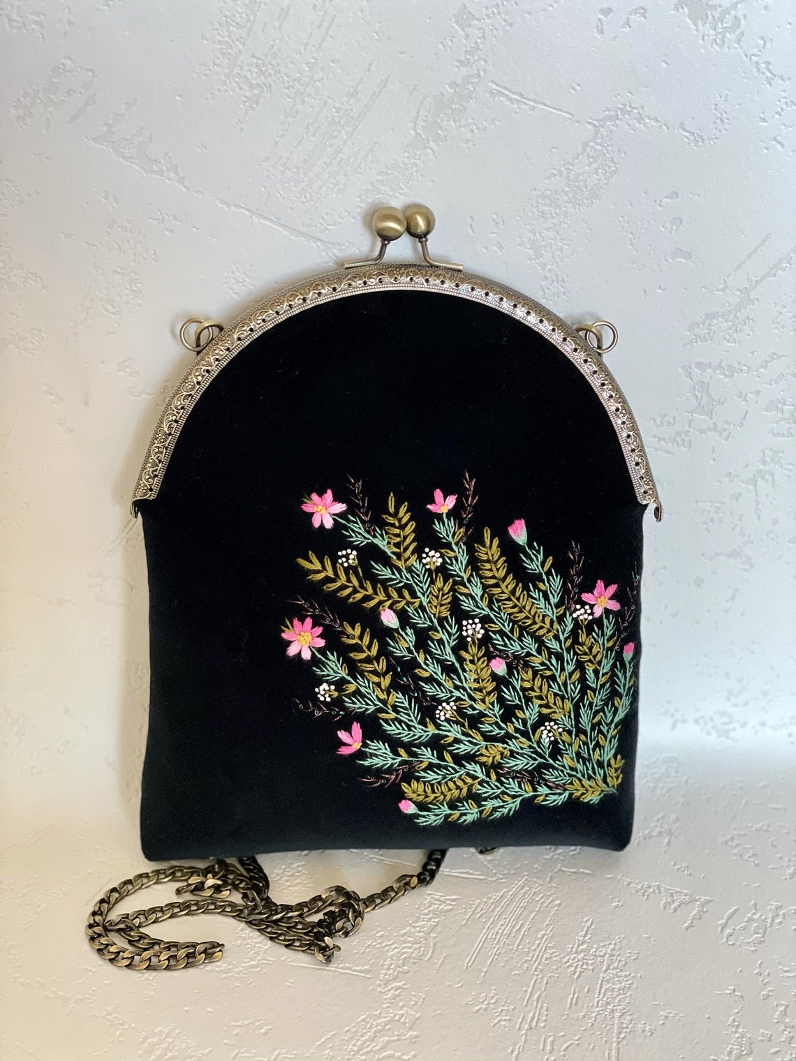 Black Velvet Bag with wild flowers and Metal Chain vintage | Etsy