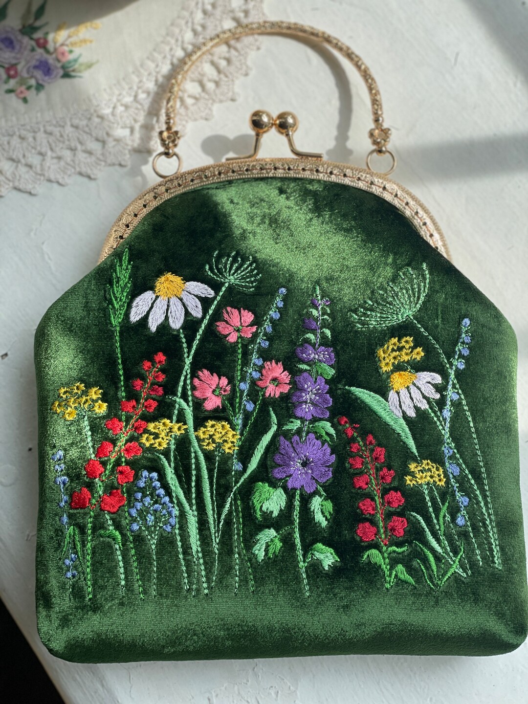 Green Velvet Handbag With Sunflowers, Hand Embroidered Velvet Handbag ...