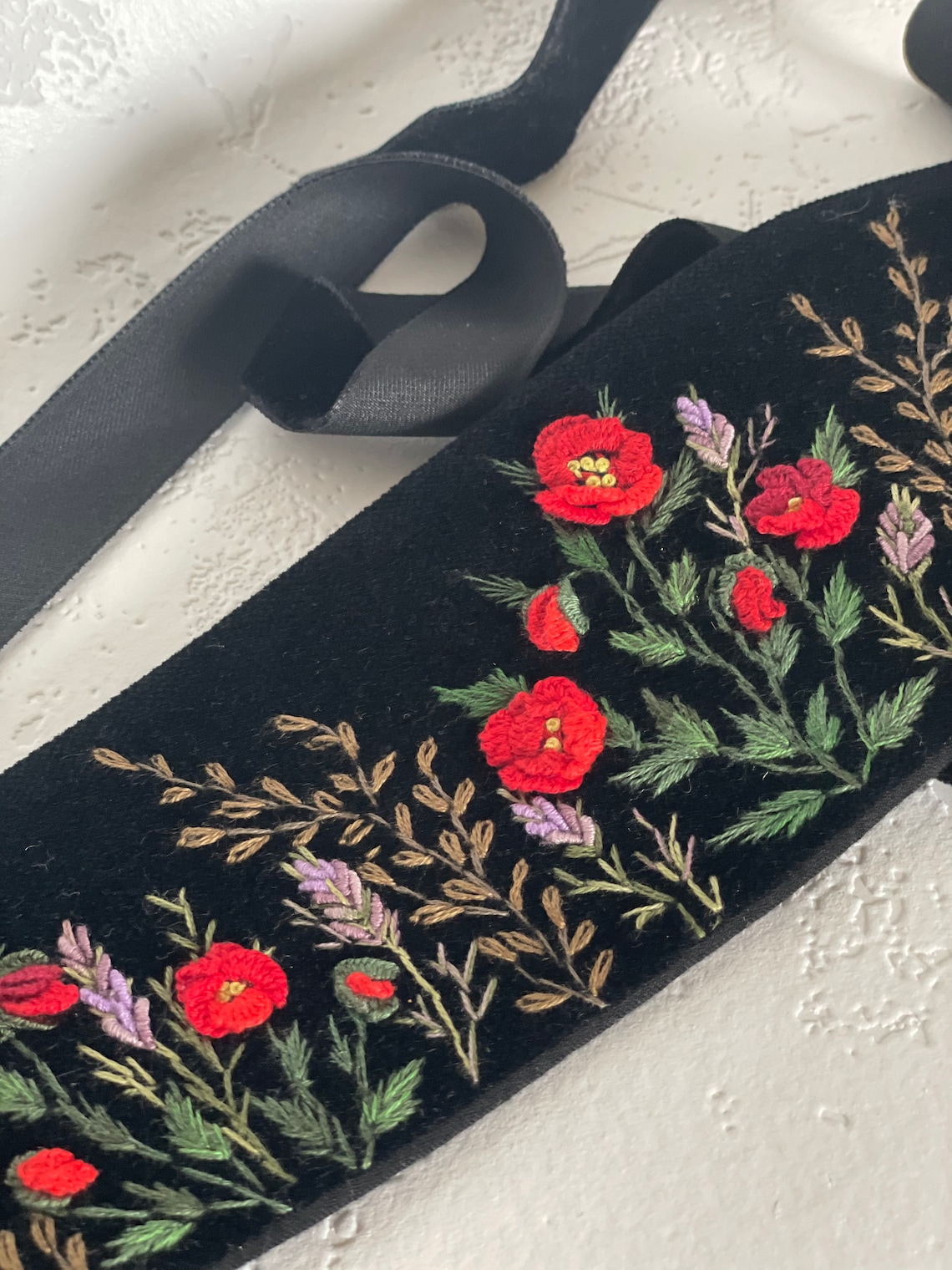 Black Hand-embroidered Velvet Belt flower embroidery belt | Etsy