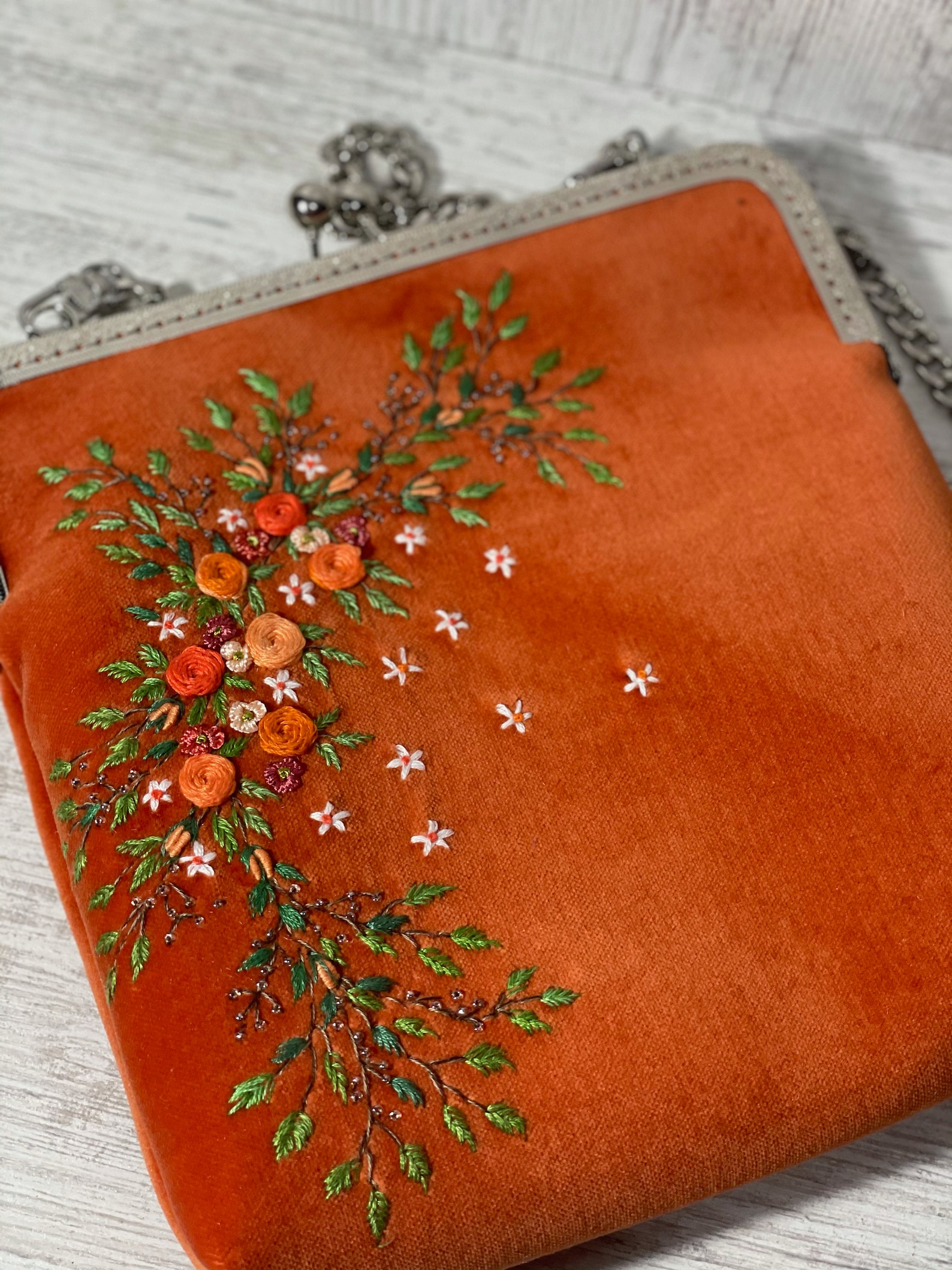 Terracotta Velvet Bag With Flower Embroidery, Handmade Vintage Bag, Top ...