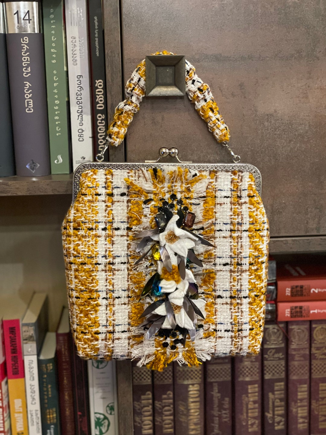 Yellow Tweed Bag With Daisies , Beads and Metal Chain, Tweed Bag, Top ...