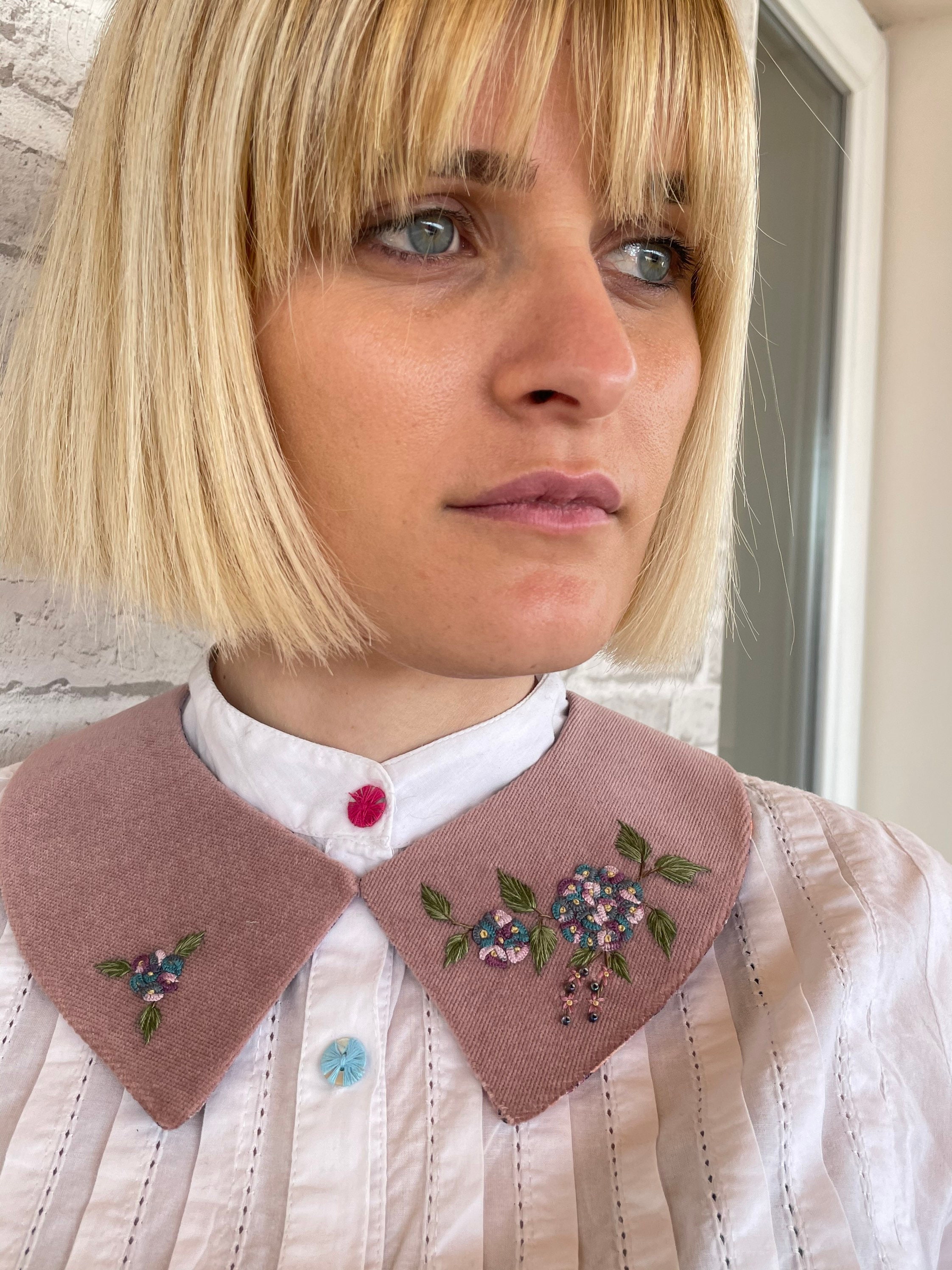 Pink Velvet Peter Pan Collar, Velvet Vintage Collar, Embroidered ...