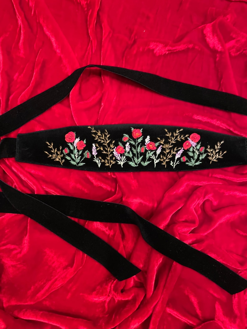 Black Hand-embroidered Velvet Belt Flower Embroidery Belt | Etsy