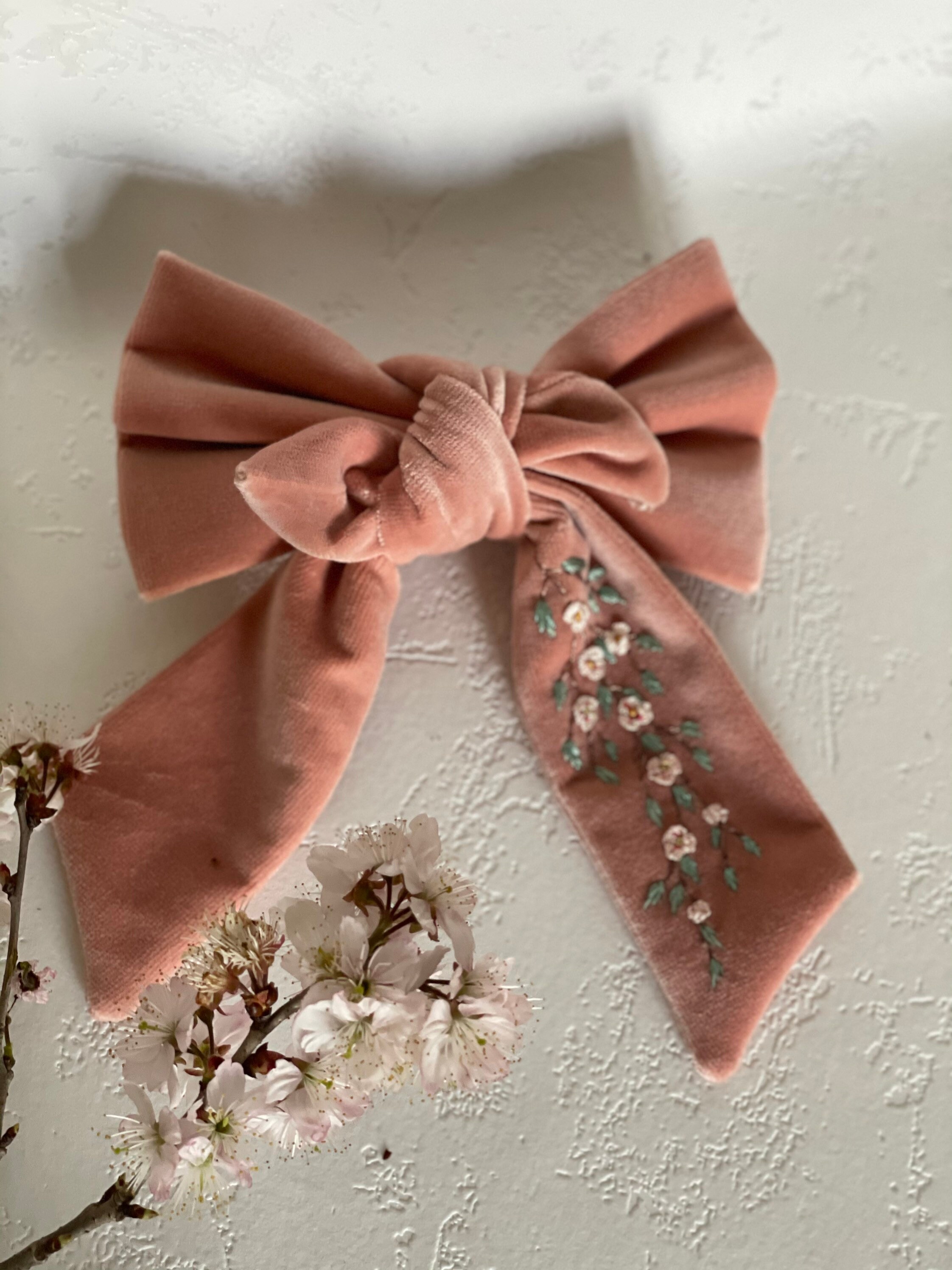 Unique hair bow Velvet hair bow unique hair items Embroidered | Etsy
