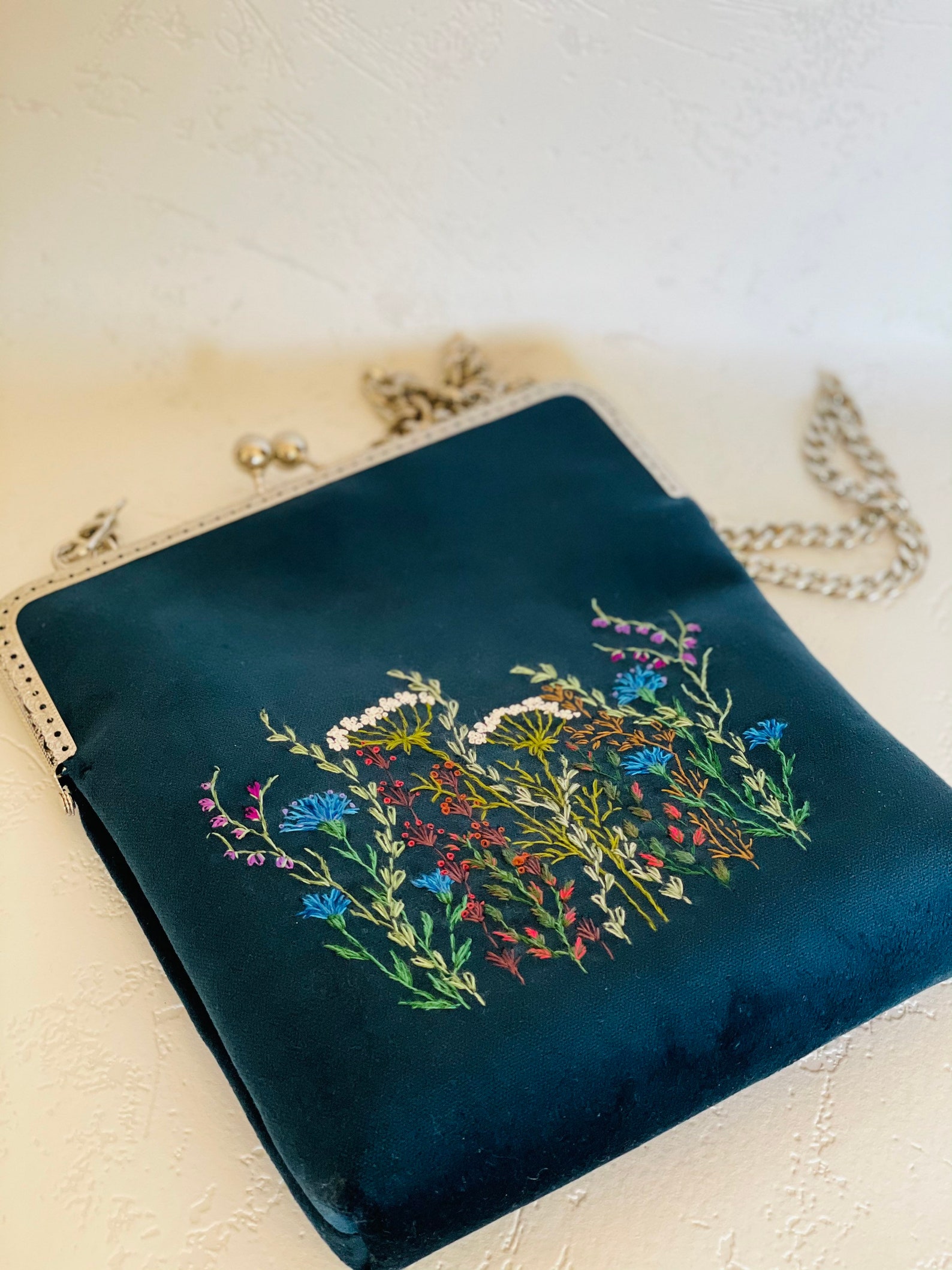 Blue Velvet Bag With Wildflower Embroidery and Metal Chain - Etsy