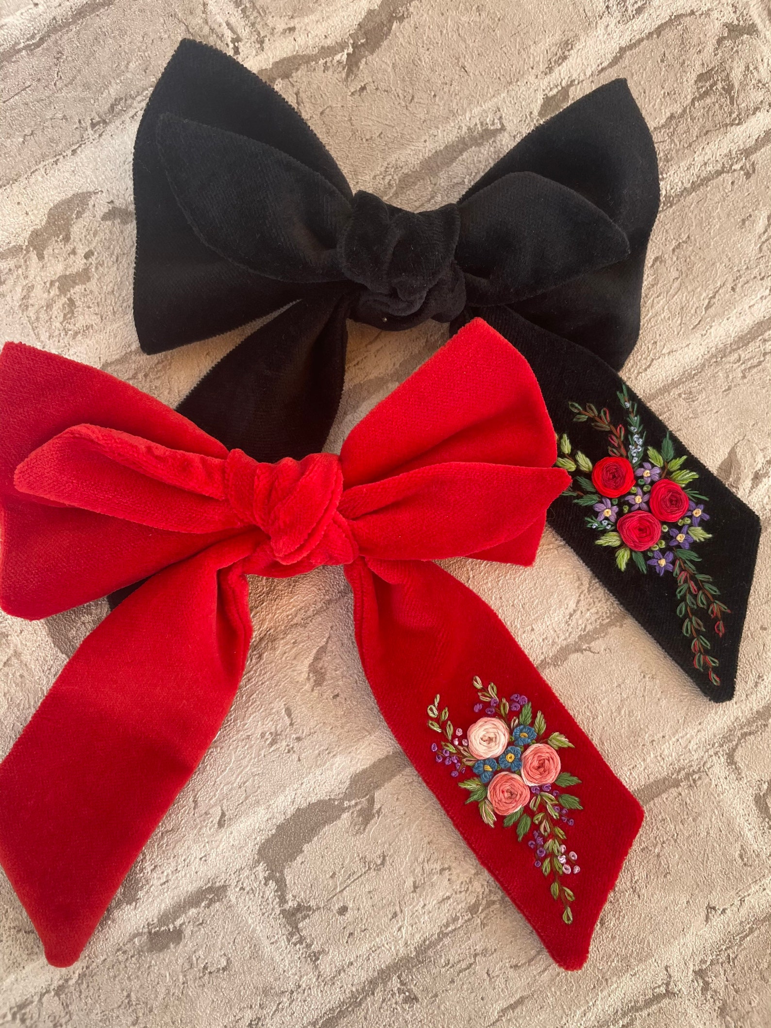 Unique hair bow Velvet hair bow unique hair items Embroidered | Etsy