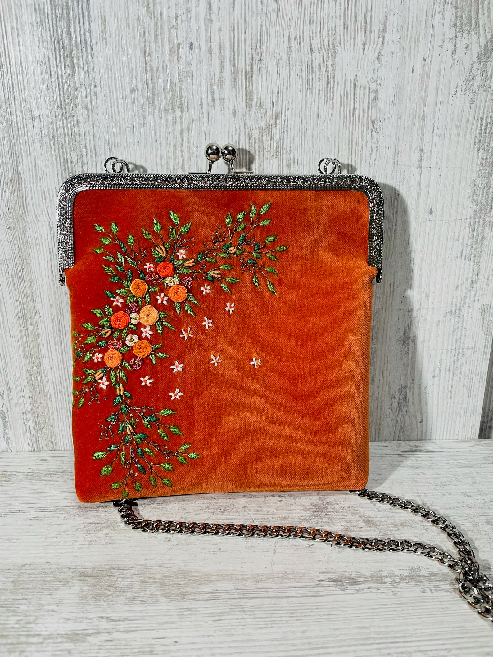 Terracotta Velvet Bag With Flower Embroidery Handmade Vintage - Etsy