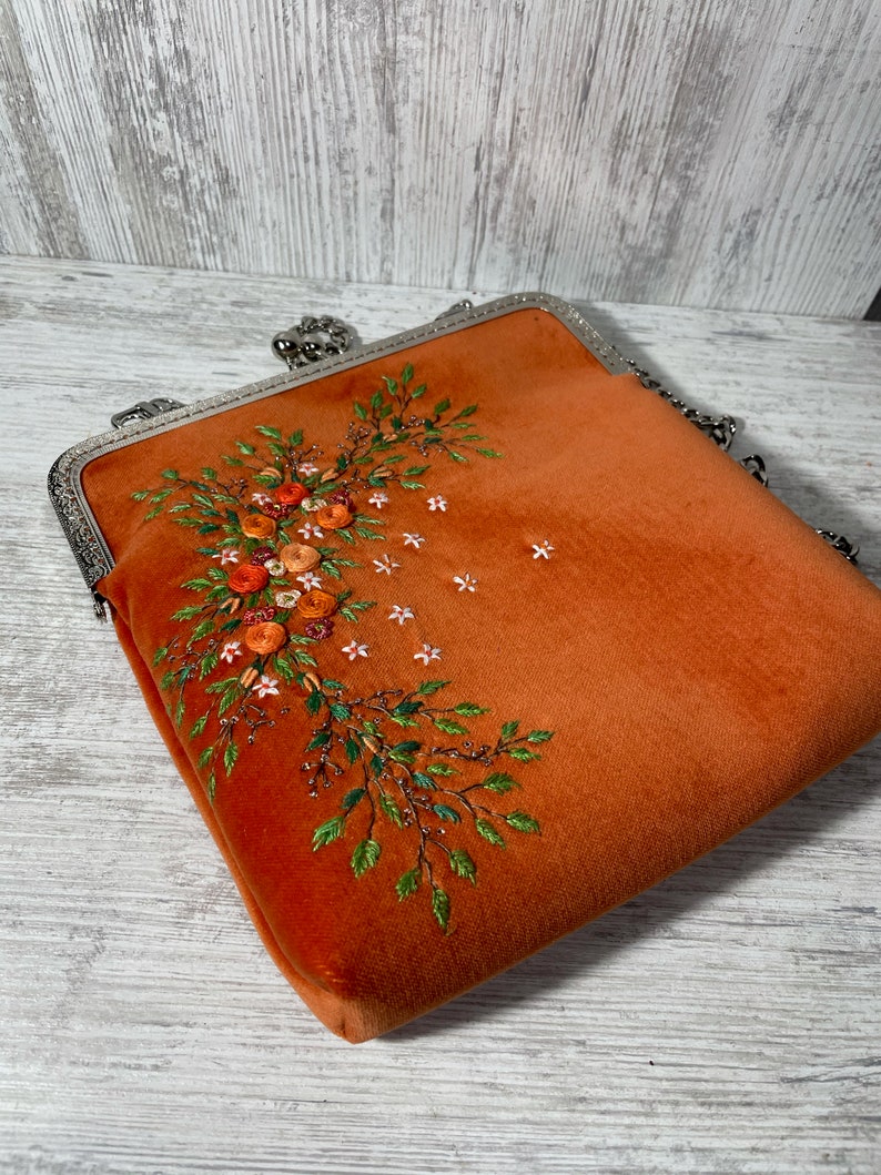 Terracotta Velvet Bag With Flower Embroidery, Handmade Vintage Bag, Top ...