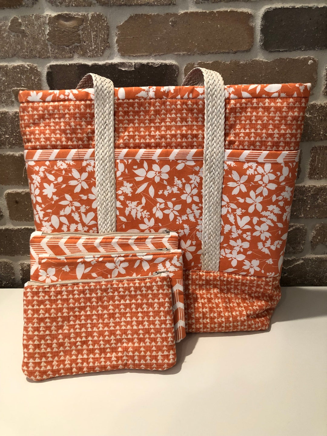 Rust Orange and White Floral Bag With Accessory Pouches - Etsy