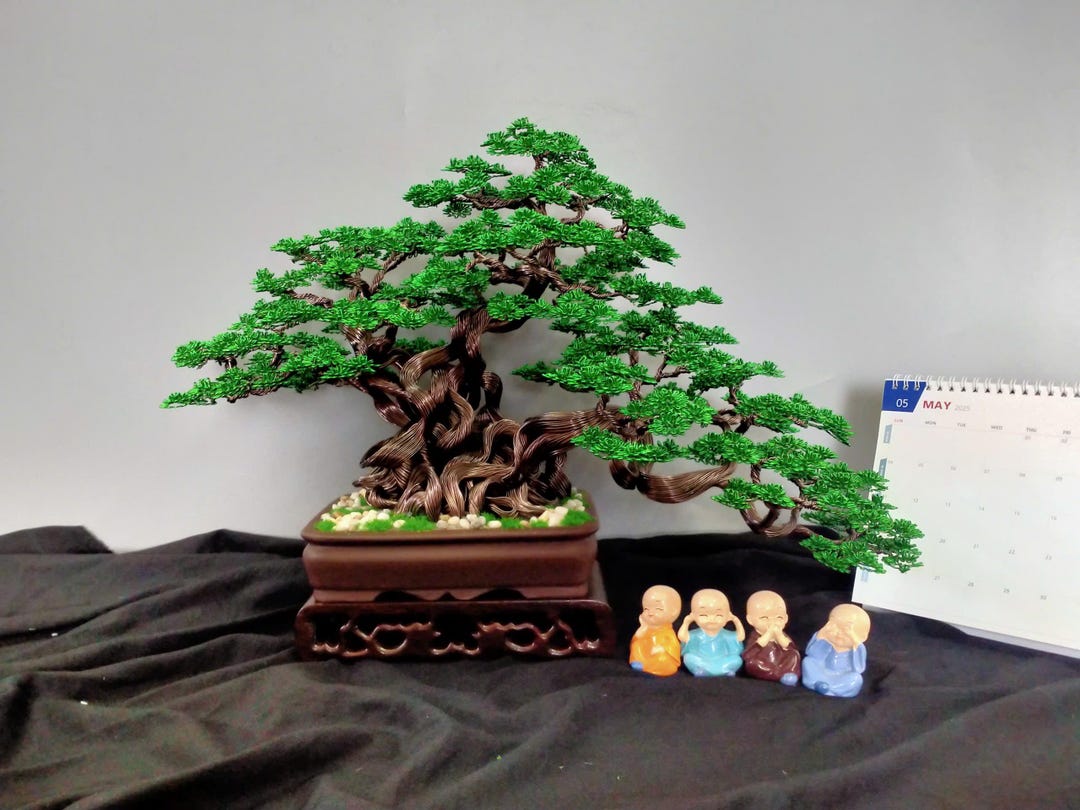 Large Wire Bonsai Tree With Four Monk Figurines – Handmade Faux Bonsai ...
