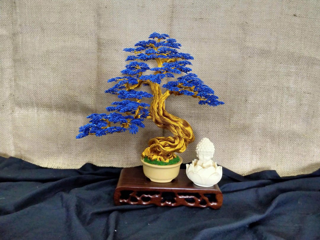 Luxury Blue & Gold Wire Bonsai Sculpture – Handmade Statement Tree for ...