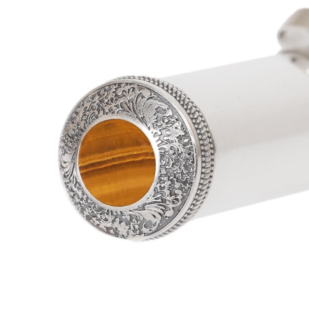 925 Silver Flute Crown: Tiger's Eye Inlay, Floral Engraving - Etsy